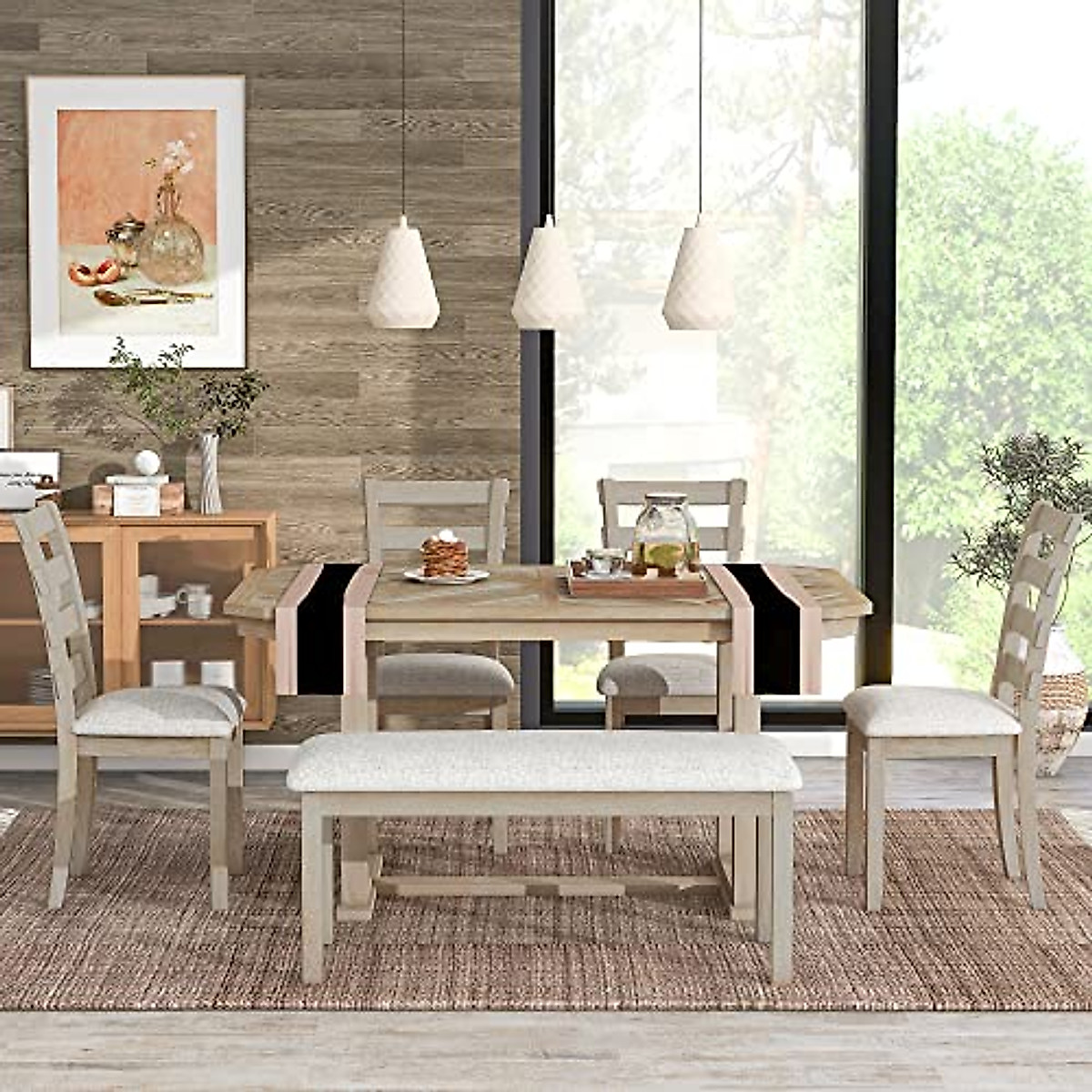 LUMISOL 6-Piece Dining Table Set with Bench for 6, Wood Kitchen Table with Grain Pattern Tabletop, Cushioned Chairs and Upholstered Bench, Dining Room Table Set for 6 People Dinette Set