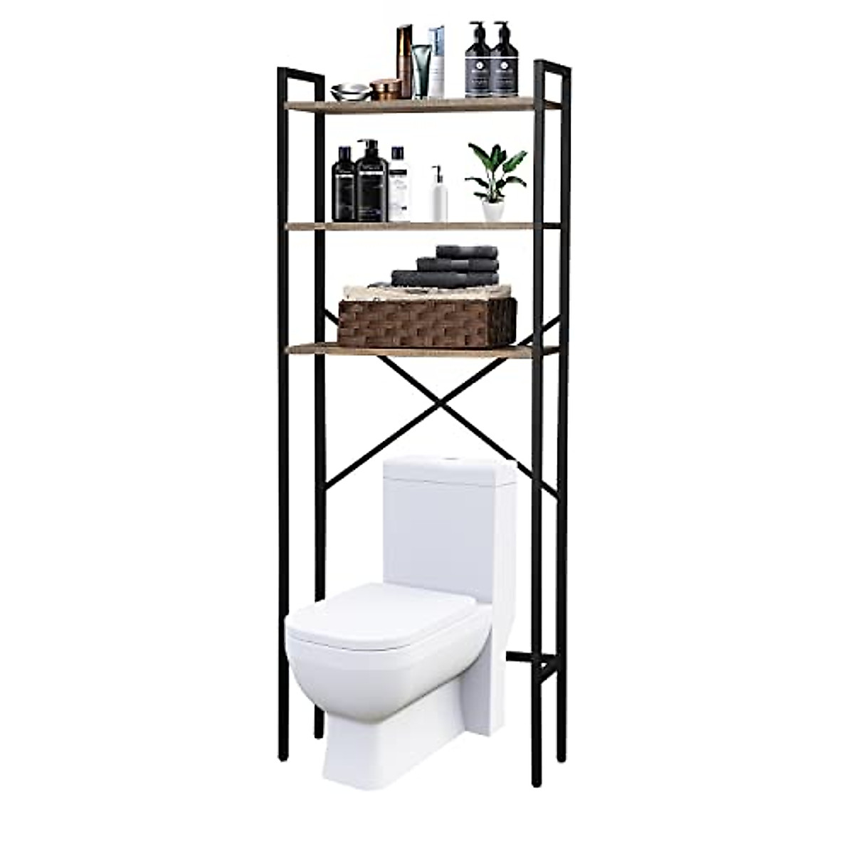 Holywarm Over The Toilet Storage with Basket 3-Tier Over The Toilet Storage Cabinet with Adjustable Feet,Multifunctional Over Toilet Bathroom Organizer Bathroom Shelves Easy to Assemble, Greige