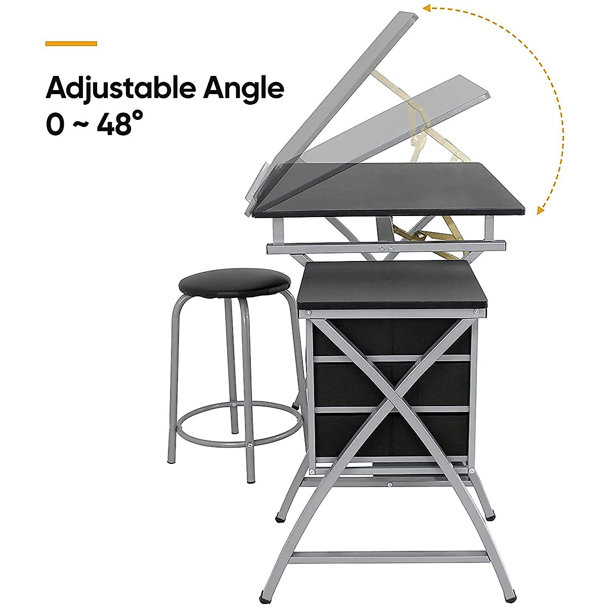 JupiterForce Drafting Table with Tiltable Tabletop and Stool, 3 Storage Drawers, Art Desks for Adults, Painters, Work Station, Home Office, Black
