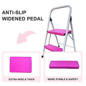 Step Ladder Folding 2 Step Stool Adult with Wide & Anti-Slip Pedals Ergonomic Portable Steel Ladder for Household, Kitchen, Office 330LBS (Pink, 2 Step)