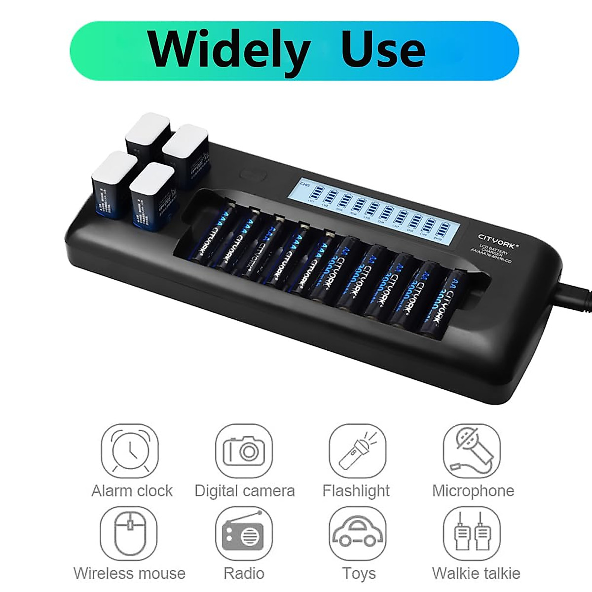 CITYORK 10+4 Bay Smart LCD Universal Battery Charger for Rechargeable AA AAA NIMH/NICD & 9V NIMH/NICD/Lion Rechargeable Batteries, Fast Charging
