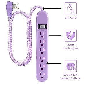 Cordinate 6-Outlet Surge Protector, Power Strip, Flat Plug, Braided Cord, Decorative, 3 ft Power Cord, Wall Mount, Tangle-Free, Warranty, Lavender, 41639