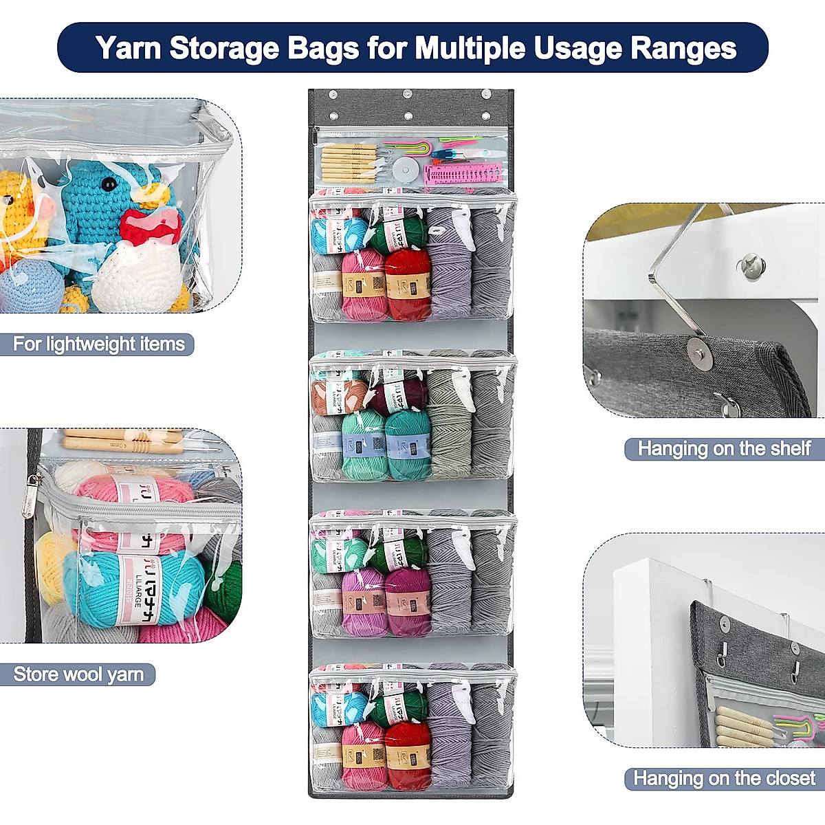 Katech Hanging Yarn Storage Organizer, Large Capacity Knitting Organizer Storage with 5 Zipper Closure Compartments for Yarn Enthusiasts, Hanging Yarn Storage Bag for Crochet Hooks, Yarn Balls