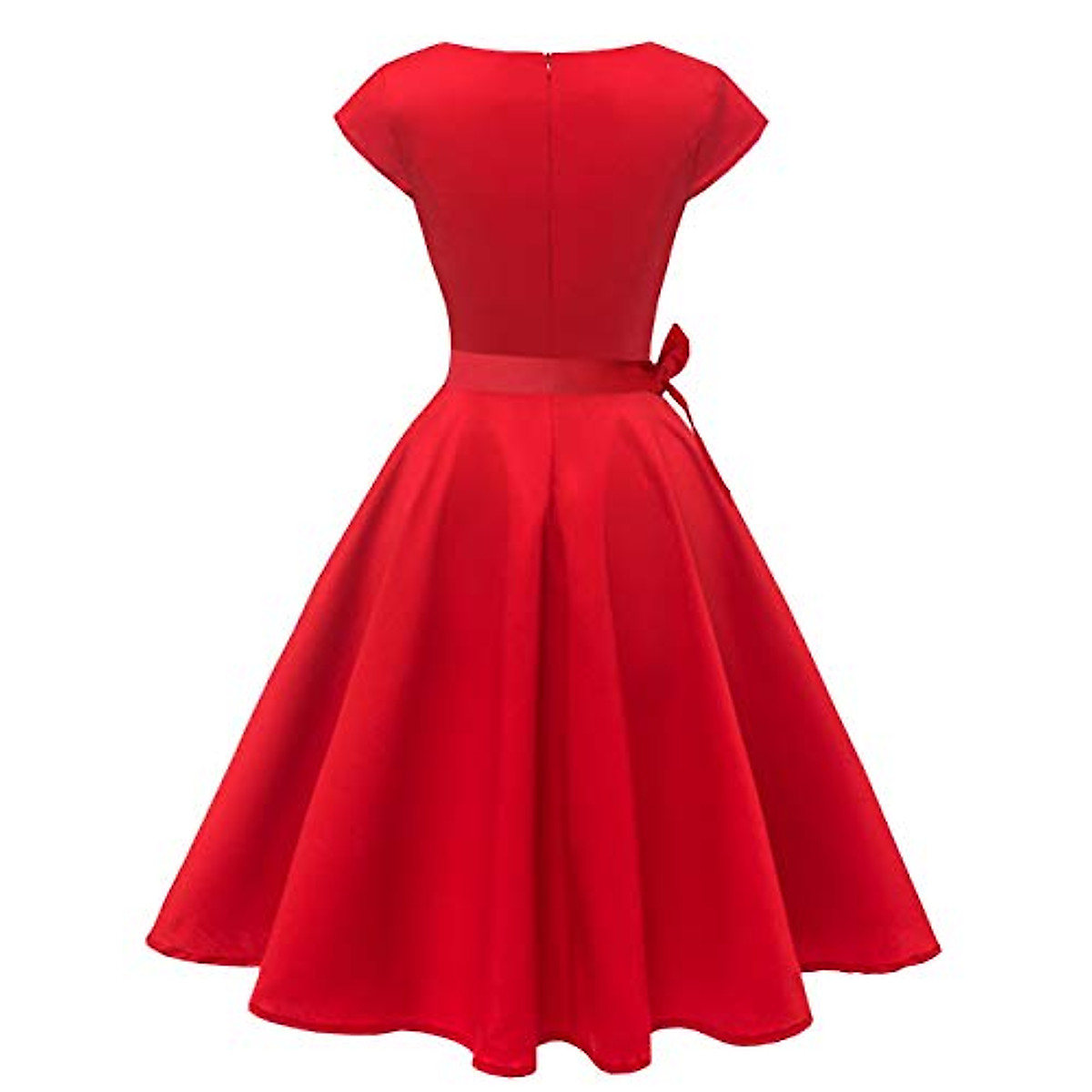 PUKAVT Women's 1950 Boatneck Cap Sleeve Vintage Swing Cocktail Party Dress with Pockets Red XL