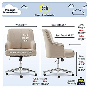 Serta Leighton Home Office Chair with Memory Foam, Height-Adjustable Desk Accent Chair with Chrome-Finished Stainless-Steel Base, Twill Fabric, Stoneware Beige