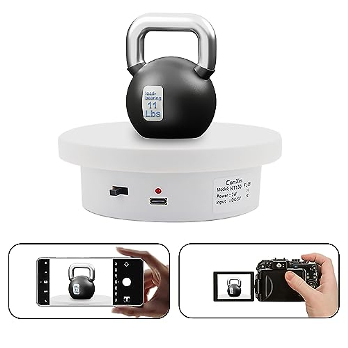 ComXim Rotating Display Stand Turntable 5.1in Diameter Load-bearing 11.02lb Type-C Power Supply for Photography Product, 3D Scanning, Display Shoes (13cm White)