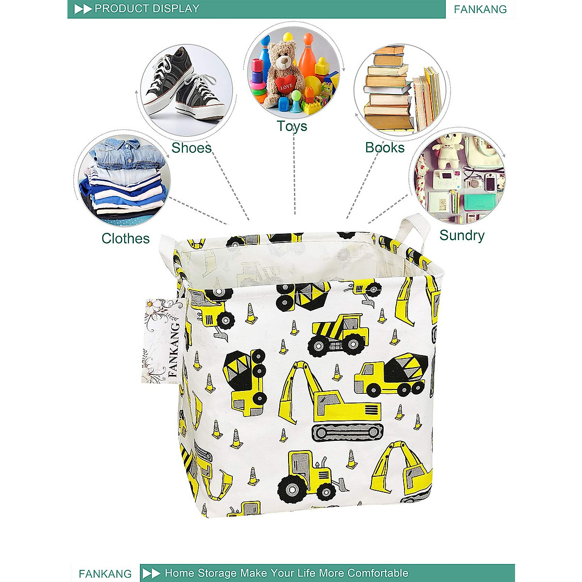 FANKANG Square Nursery Hamper Storage Bins Canvas Laundry Basket Foldable with Waterproof PE Coating Large Storage Baskets Gift Baskets for Children, Office, Bedroom, Clothes,Toys (square engineering)