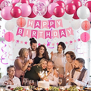 Pink Happy Birthday Party Decorations Set for Women Girls, Pre-Strung Happy Birthday Sign Banner, Pink Balloons, Tissue Paper Pom Poms, Star Garland, Hanging Swirls for Birthday Princess Party
