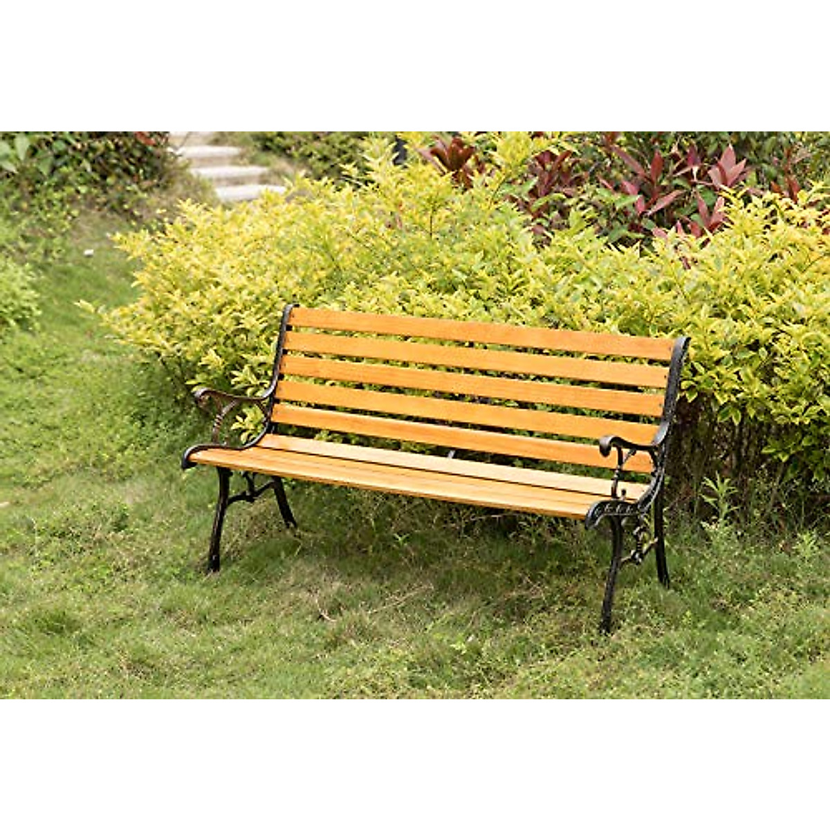 Gardenised Wooden Outdoor Park Patio Garden Yard Bench with Designed Steel Armrest and Legs, Black