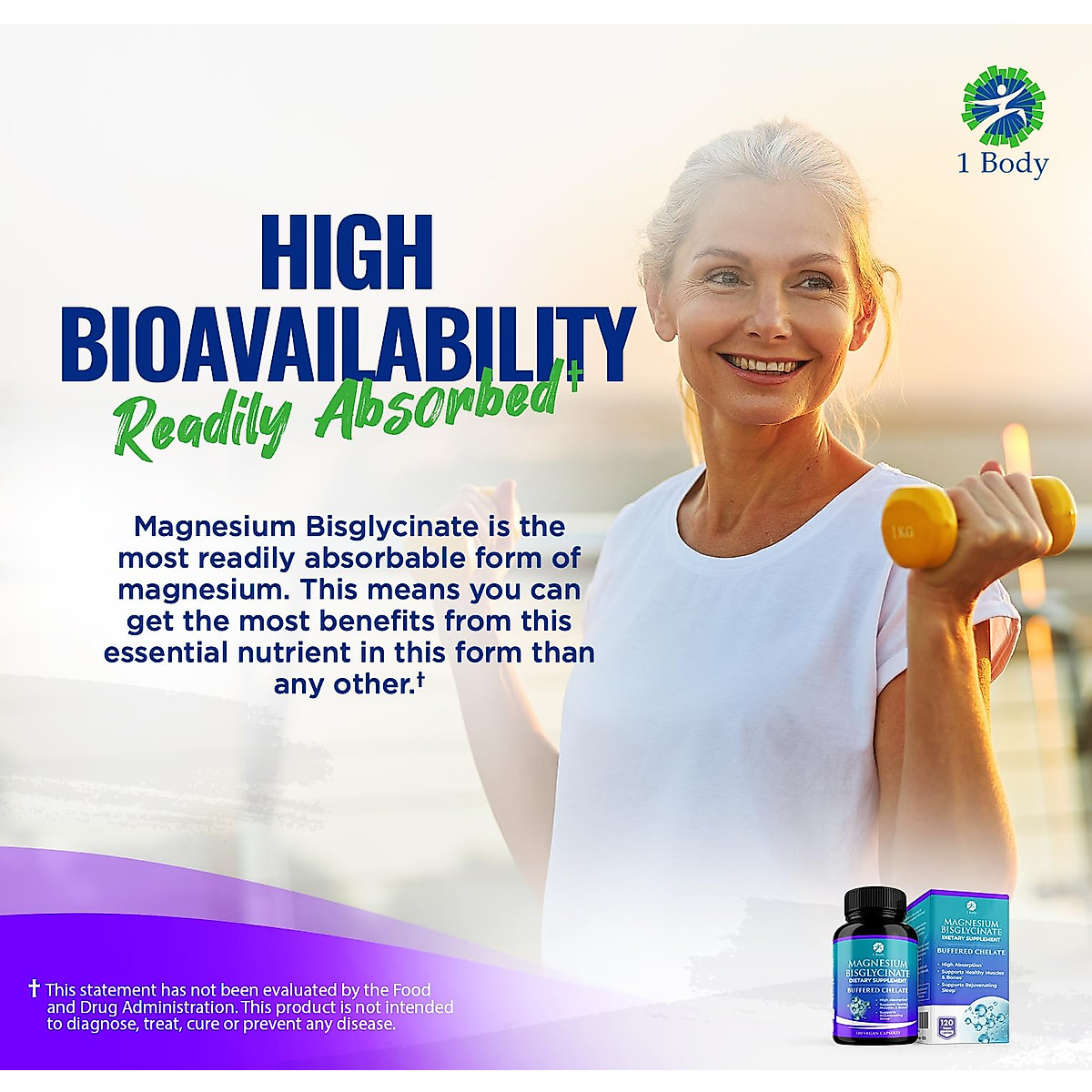 1 Body Magnesium Bisglycinate Supplement, 44 mg Pure Chelated Formula, 120 Capsules, Maximum Absorption, Muscle Cramp Relief