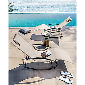 Crestlive Products Patio Rocking Chair Curved Rocker Chaise Lounge Chair with Pillow for Beach Yard Pool Outdoor Indoor, Gray Steel Frame (2 PCS Beige)