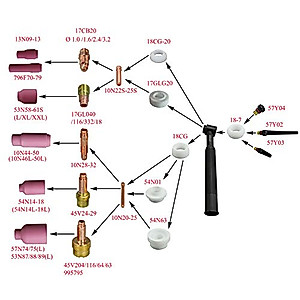 RIVERWELD Insulated Glass Cup (9/16" x 1-5/16") Wedge Collet Tungsten Apdapter Gas Saver (0.040" & Ø1.0mm) (1/16" & Ø1.6mm) (3/32" & Ø2.4mm) (1/8" & Ø3.2mm) Kit for WP 17 18 26 TIG Welding Torch 11pcs