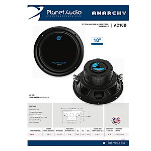 Planet Audio AC10D Anarchy Series 10 Inch Car Subwoofer - 1500 Watts Max, Dual 4 Ohm Voice Coil, Sold Individually, for Truck, Boxes, Enclosures, Use with Amplifier