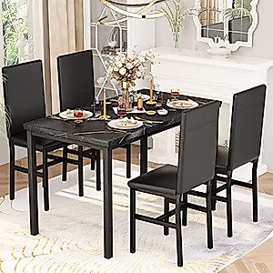 Hooseng Dining Table Set for 4, Space Saving Kitchen Table and Chairs for 4, Modern Style Faux Marble Tabletop & 4 PU Leather Chairs, Perfect for Dining Room,Breakfast Corner Small Spaces,Black