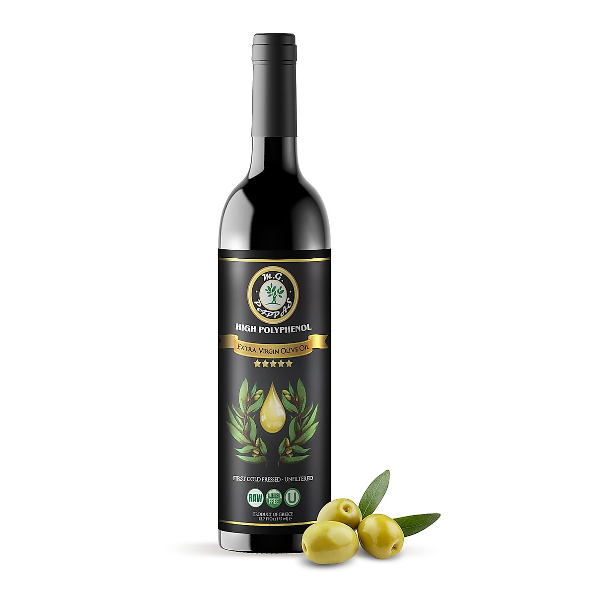 M.G. PAPPAS High Polyphenol Rich Olive Oil - New Harvest - Extra Virgin Olive Oil Polyphenol Lab Report 714mg/kg - Cold Pressed & Unfiltered - High Hydroxytyrosol Greek Olive Oil - Award Winning - 12.7 Oz 375ml