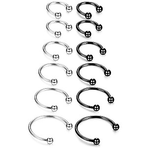 ORAZIO 12Pcs 14-16G Stainless Steel Nose Rings Septum Piercing Cartilage Horseshoe Earring Body Piercing 6MM-16MM Black And Silver Tone