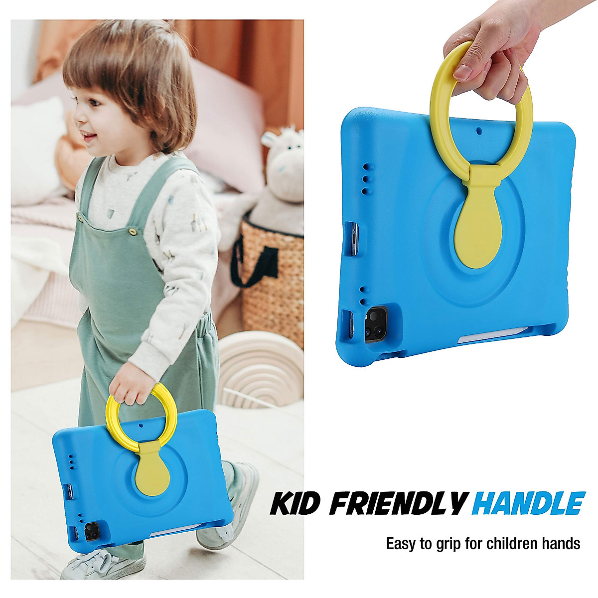 ProCase Kids Case for iPad Air 10.9" 5th Gen 2022/4th Gen 2020/iPad Pro 11 2020/2018, Shockproof Rotate Handle Fold Stand Lightweight Kids Friendly Case –Blue