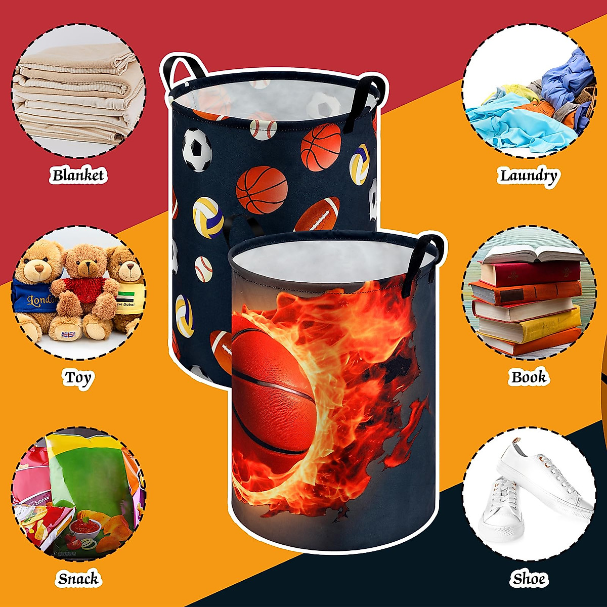 Yoande 2 Pack Sports Basketball Laundry Hamper Waterproof Kids Laundry Basket Boy Toy Storage Dirty Clothes Organizer Round Nursery Boy Laundry Basket for Bathroom Bedroom Dorm, 17.3 x 13.8 in