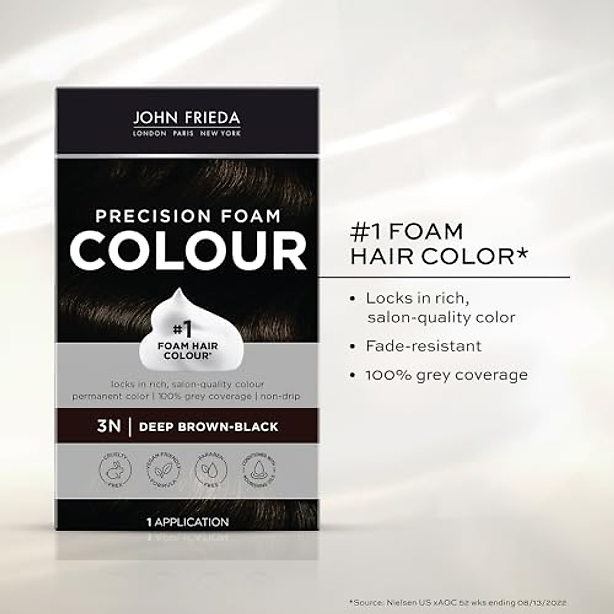 John Frieda Precision Foam Colour, Deep Brown Black 3N, Full-coverage Hair Color Kit, Anti-Fade Gray Coverage, Deep Color Saturation Hair Dye, 1 Application