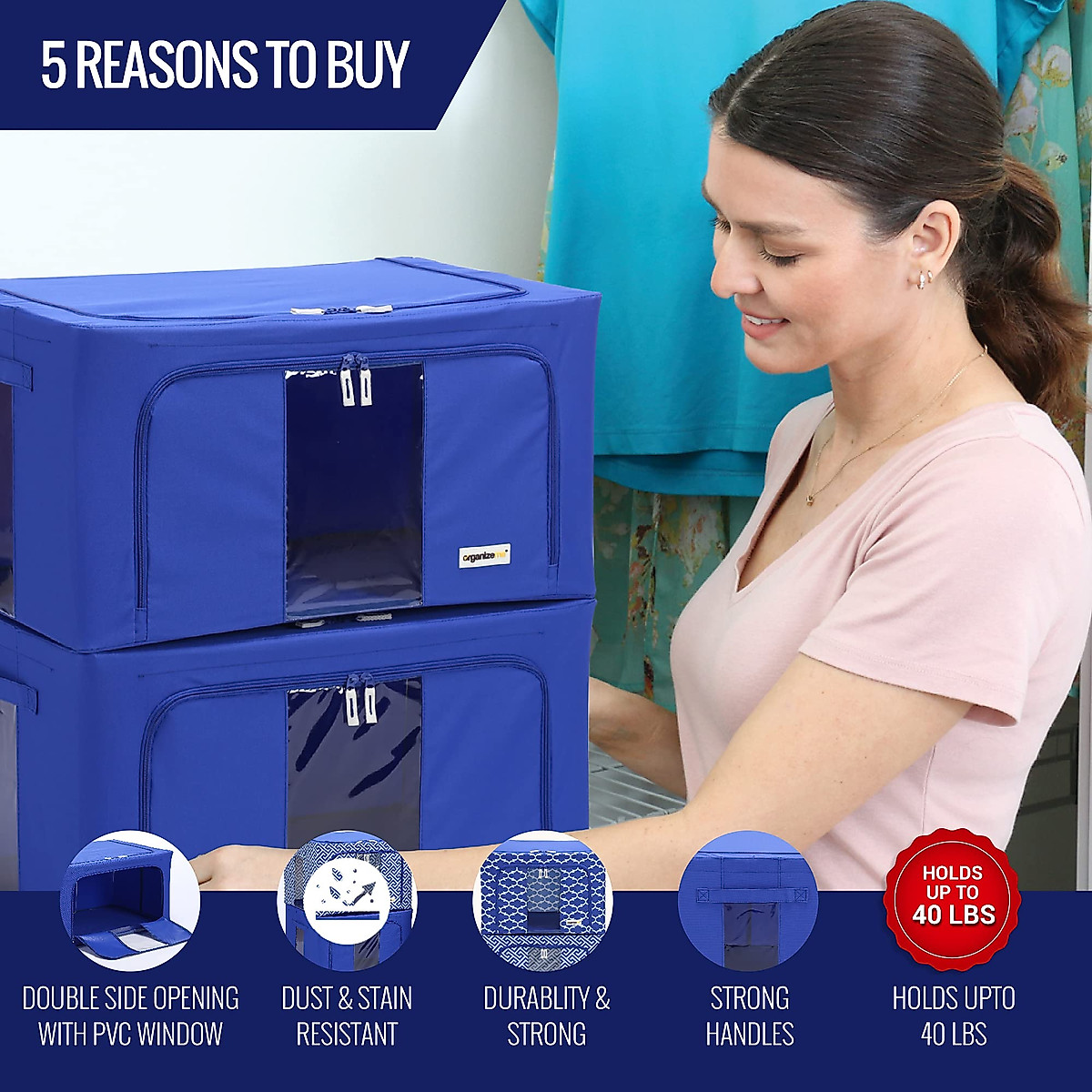 Foldable Clothes Storage Bag Organizer Pop Up Bins Strong Handle Quality Fabric for Collapsible Closet Boxes 4 Pack (Large) (Blue COBALT)