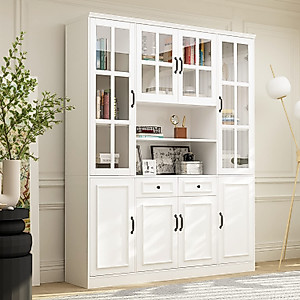 Homsee Tall Bookcase Bookshelf with 15 Storage Shelves, Drawers & 4 Glass Doors, Wooden Display Storage Cabinet with 15 Compartments for Home Office, Living Room, White (63" W x 15.7" D x 78.7" H)