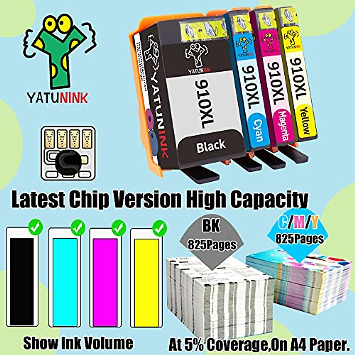 YATUNINK Remanufactured Ink Cartridge Replacement for HP 910 XL 910XL Ink Cartridges Combo Pack 3YL65AN 3YL62AN 3YL63AN 3YL64AN for HP OfficeJet 8035 OfficeJet 8028 8025 8022 8020 Printer(4 Pack)