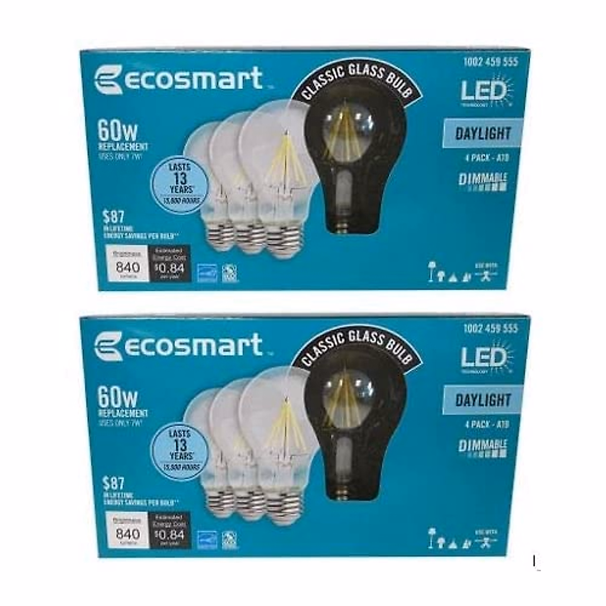 EcoSmart 60-Watt Equivalent A19 Dimmable Clear Filament Vintage Style LED Light Bulb, Daylight (8-Pack)