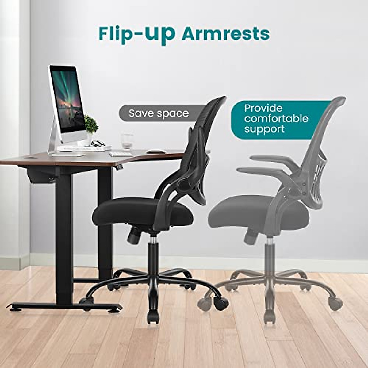 Ergonomic Office Chair with Flip-Up Arms, Home Office Desk Chairs with Wheels, Lumbar Support - Swivel Rolling Mesh Chair with Rock & Lock for Gaming- Computer Chair with Breathable Design