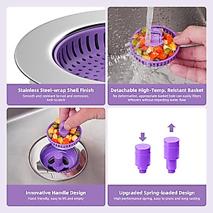 Hibbent Universal 3 in 1 Kitchen Sink Drain Strainer with Sink Stopper, Chrome Stainless Steel Wraped Shell, Anti-Clogging Basket Strainer, Foldable Handle, Fit for US Standard 3-1/2" Drain, Purple