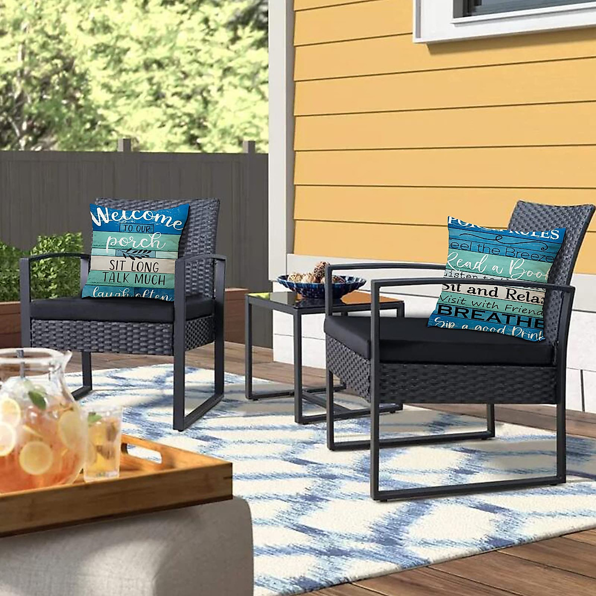 Jartinle Coastal Stripe Outdoor Pillows Covers 18x18 for Patio Furniture Waterproof, Welcome to Our Porch Throw Pillow Covers Square Linen for Couch Outside Bench Set of 2