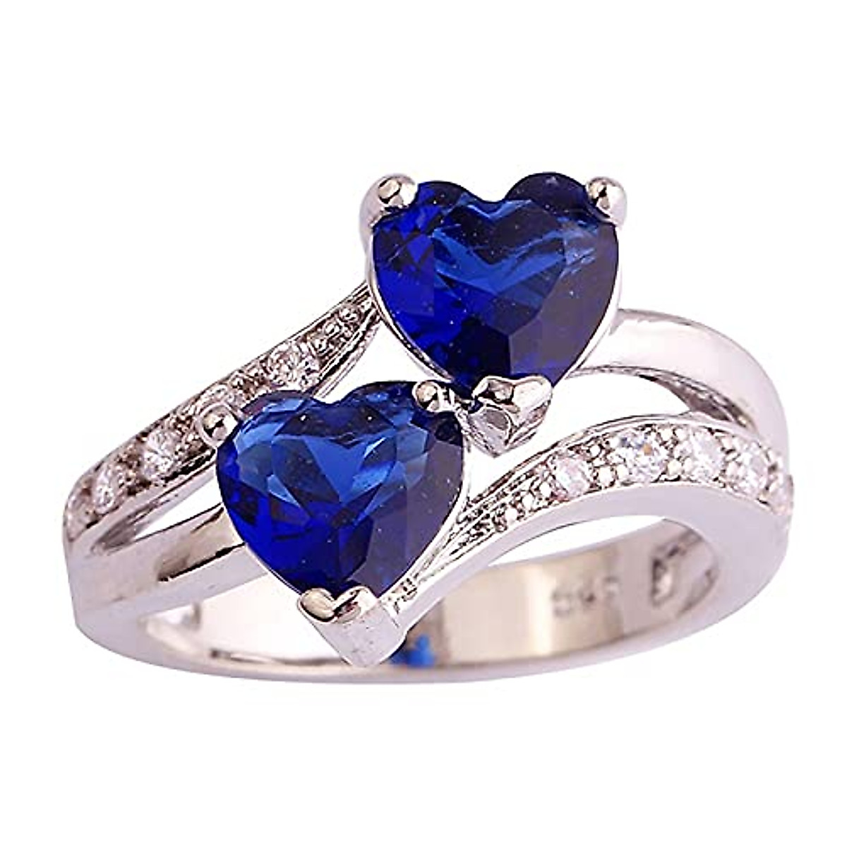 YJYdadaS Double Love Heart Women Ring, Fashion Female Zircon Ring Love Heart Rainbow & White Gemstone Ring Jewelry, US Size 6 7 8 9 10 11 12 (Dark Blue, US-12)