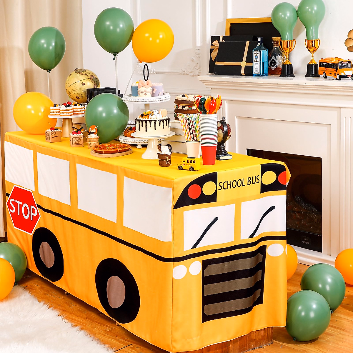 Oudain 6 Ft School BusTablecloth Birthday Party Table Cover Washable Fabric Polyester Rectangle Table Cover Protector School Bus Theme Party Back to School Party Decorations