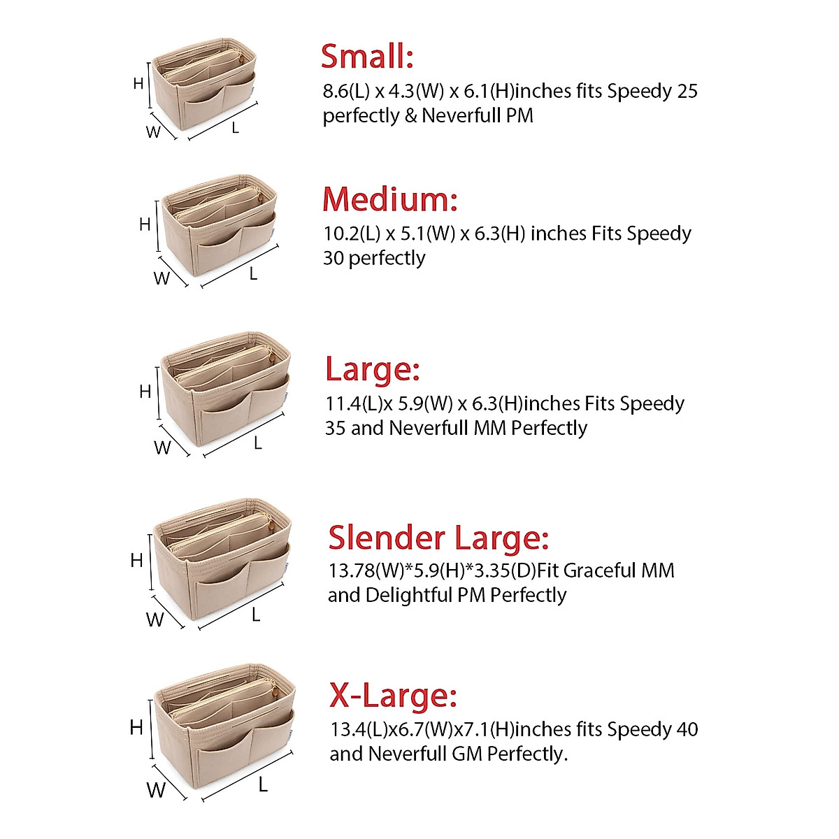 LEXSION Felt Purse Bag Organizer Insert with zipper Bag Tote Shaper Fit Speedy Neverful PM MM 8021 Beige M