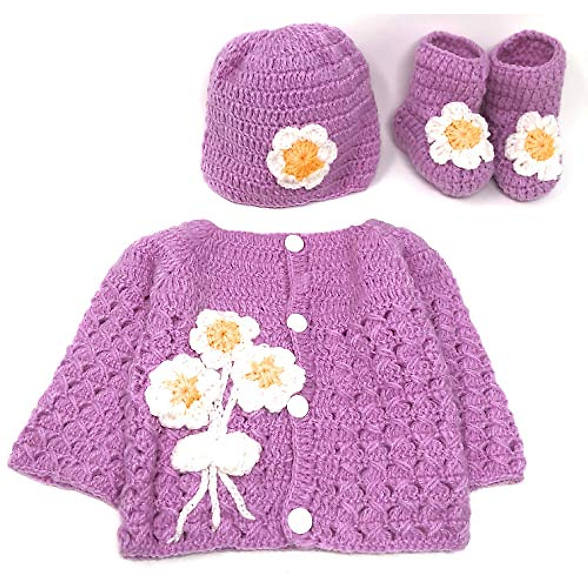 Hand Made 3 Piece Knitted Purple Baby Toddler Girl Button up Warm Crochet Set- Newborn Toddler Wool Sweater Set Includes Booties & hat 0-6 Months
