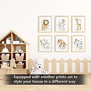 ArtbyHannah 6 Pack 8x10 Inch Framed Nursery Wall Art Decor with Wood Frame and Moon Animals & Letter Prints for Playroom, Kids Children Room Bedroom Decoration