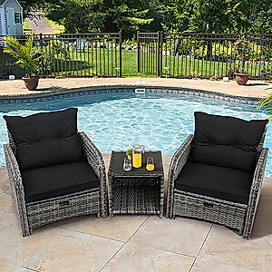 Auzfy 5 Pieces Wicker Outdoor Patio Chairs with Ottoman, PE Wicker Rattan Patio Conversation Furniture Set with Underneath Footrest, Wicker Outdoor Patio Chairs and Ottoman Set with Table, Black