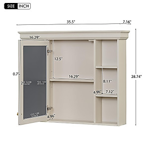 LUMISOL Wall Mounted Bathroom Storage Cabinet with Mirror Door, Modern Bathroom Wall Cabinet with 6 Open Storage Shelves, Wooden Medicine Cabinet for Bathroom, Living Room, Beige