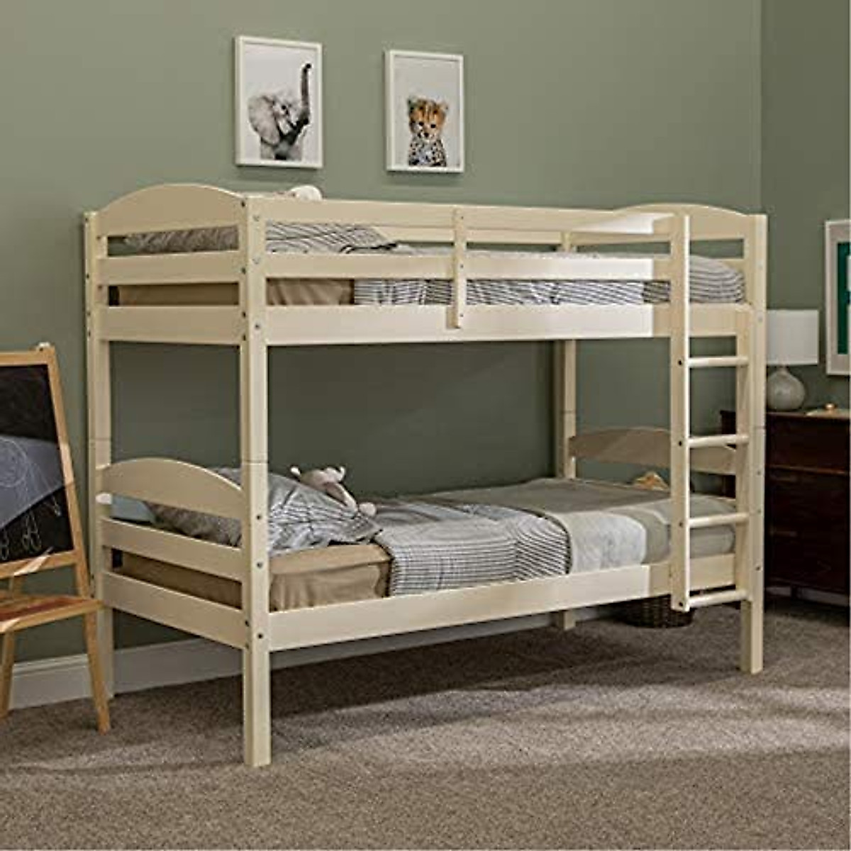 Walker Edison Solid Wood Twin Trundle Kids Bed Frame With Wheels Bunk bed Kids Bed Bedroom Storage Guard Rail Ladder, Twin, White