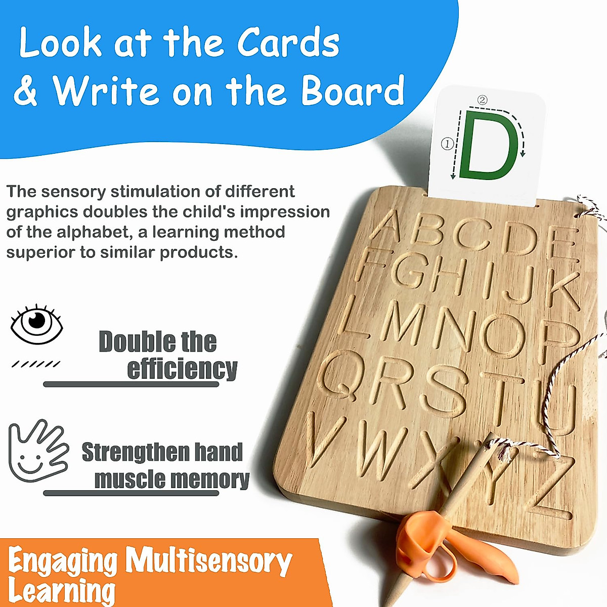 Montessori Alphabet Tracing Board, Oak Made Come with 26 Pcs Cards & Pen Grip Toddlers Double-Side Learning Toys ABC 3+ Kids Preschool Practice Materials Letters Writing Homeschool