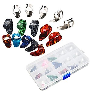 ULTNICE 15pcs Finger Pick Thumb Pick Set Guitar Picks with 15 Grid Case Storage Box