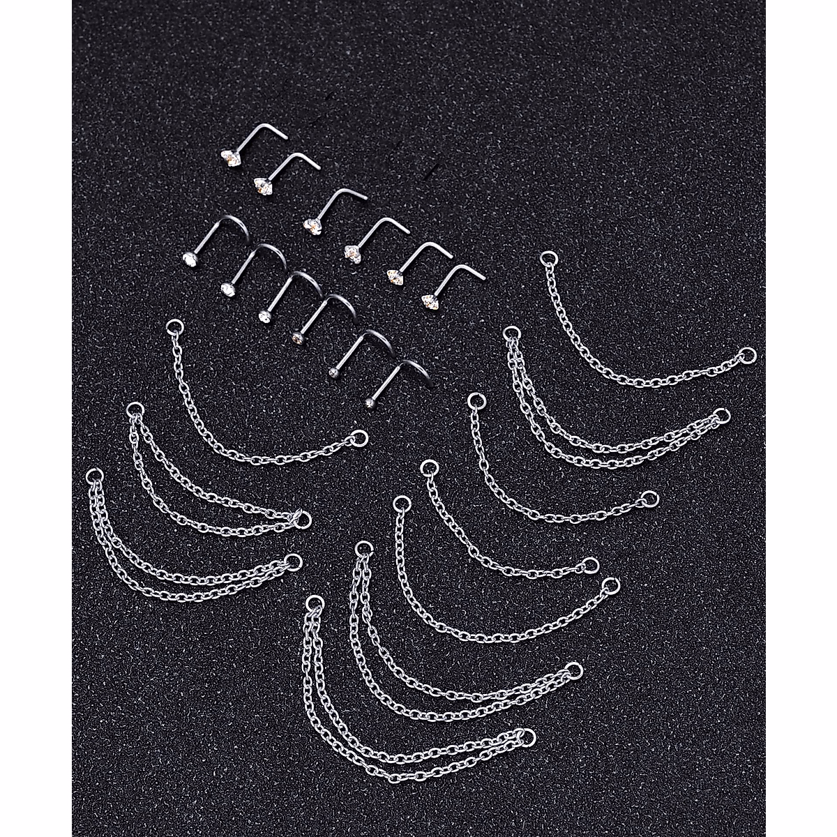 Akeoqi 28Pcs Nose Stud Nose Chain Screw Straight L Shape Nose Stud Chain Nose Stud Nostril Piercing Body Jewelry for Women Men 20G Set 2mm 2.5mm 3mm CZ Silver Tone