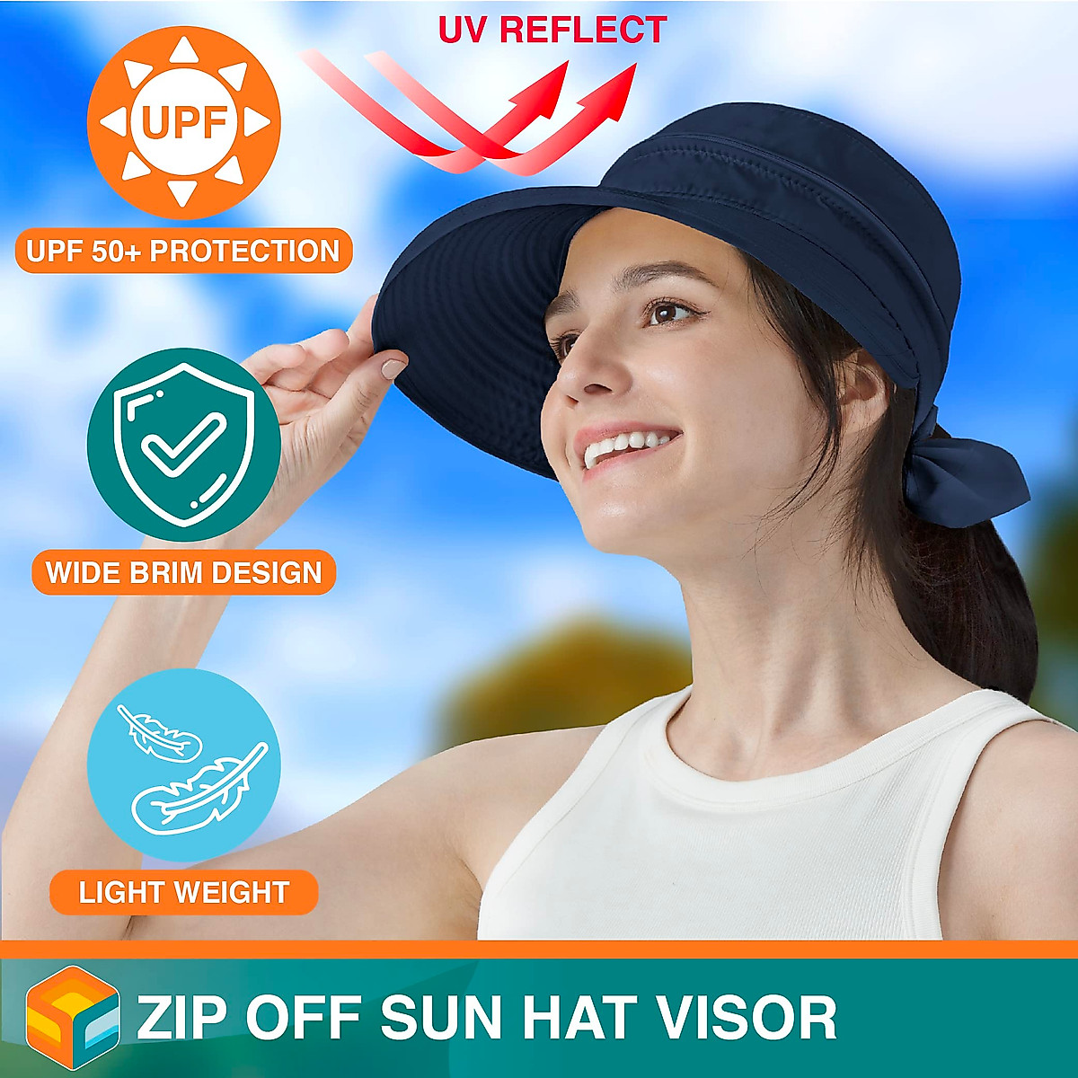 SUN CUBE Women Sun Hat for Outdoor UV Protection, Wide Brim Sun Hat Ponytail, Convertible Zip-Off Beach Hat Visor for Golf Gardening Pool Travel, Foldable Summer UPF50+ Visor Hat, Navy