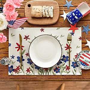 Artoid Mode Poppy Flowers Leaves 4th of July Placemats Set of 8, 12x18 Inch Featival Holiday Table Mats for Party Kitchen Dining Decoration