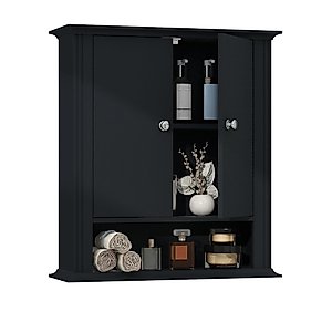 UYIHOME Wall Mounted Bathroom Medicine Cabinet with 2 Doors, Hanging Bathroom Wall Cabinet Over Toilet, Upper Cabinet Storage Cupboard for Bathroom Kitchen Laundry Room, Black, MC001