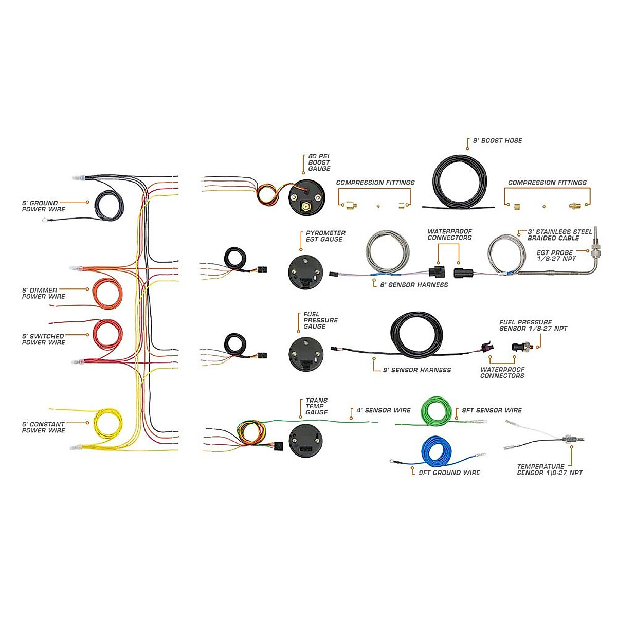 GlowShift Diesel Gauge Package Compatible with Ford Super Duty F-250 F-350 Power Stroke 1999-2007 - Tinted 7 Color 60 PSI Boost, 1500 F EGT, Transmission Temp & Fuel Pressure Gauges - Tan Pillar Pod