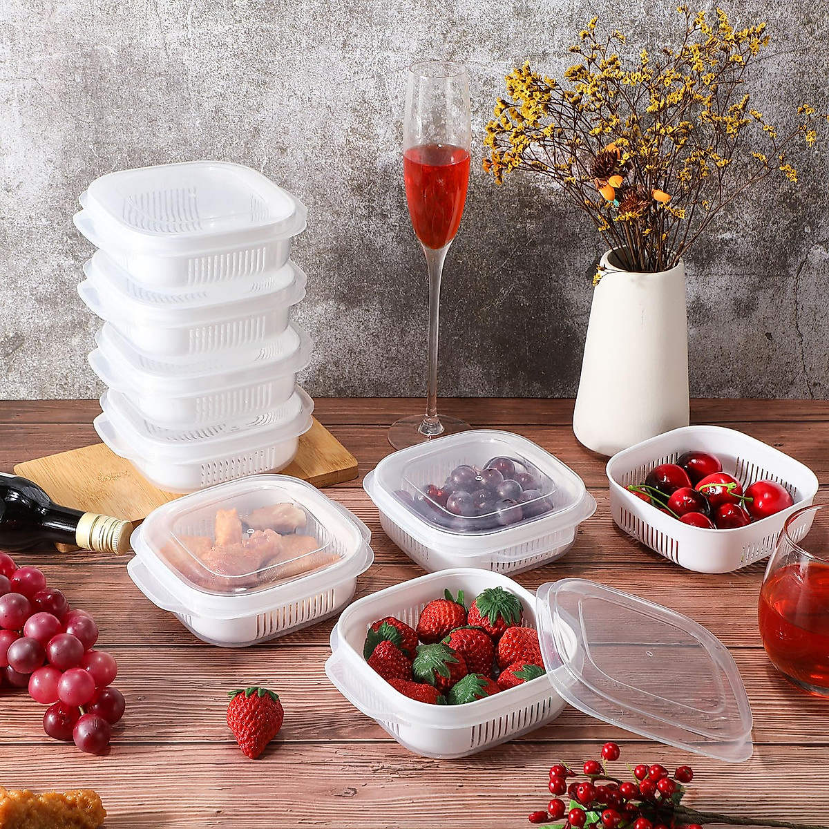 SiliFine 12 Pack Fruit Storage Containers for Fridge 5.9 Inches Berry Containers with Lids Removable Drain Colanders Fruit Washing and Storage Containers Keep Fruits Vegetables Fresh Longer