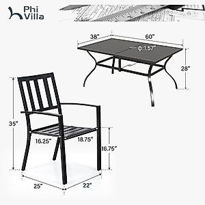 PHI VILLA 7 Piece Metal Outdoor Patio Dining Bistro Sets with Umbrella Hole - 60" x 37.8" Rectangle Patio Table and 6 Backyard Garden Outdoor Chairs,Black