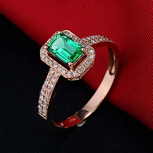 Lanmi Solid 14K Rose Gold Natural Green Emerald Ring Diamonds Engagement Wedding Rings for Ladies Women