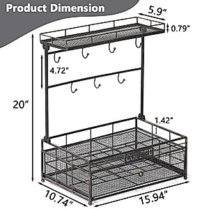 Aifeorzo Coffee Mug Holder, 2 Tier Industrial Countertop Mug Display Rack, 7 Mugs Coffee Cup Stand with Coffee Pod Drawer, Large Metal Cup Tree Holder Stand for Coffee Bar Kitchen, Black