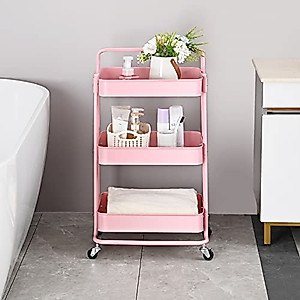 TOOLF 3 Tier Metal Rolling Cart, Utility Cart with Handle, Multifunction Storage Cart with Lockable Wheels, Serving Organizer Trolley with Mesh Basket for Kitchen, Bathroom, Office